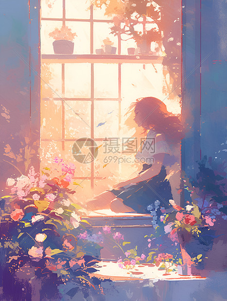 窗前的女孩插画图片下载 正版图片601178367 摄图网