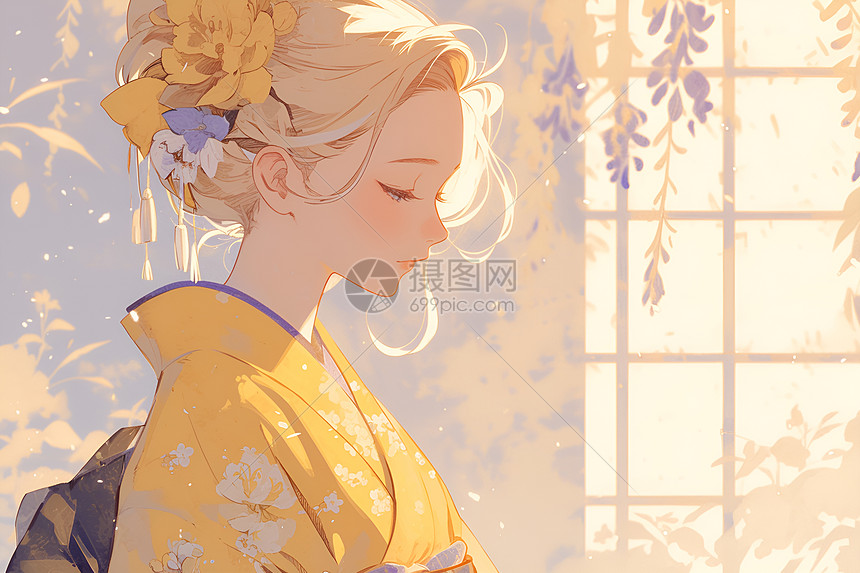 窗前和服女子插画图片下载 正版图片601193998 摄图网