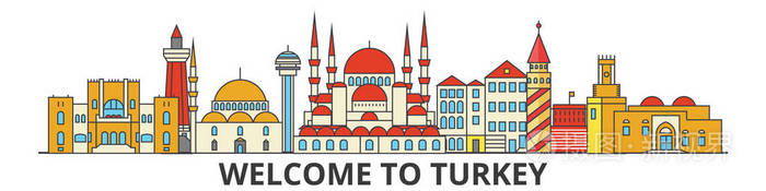 土耳其轮廓地平线, 土耳其扁线图标, 地标, 插图。土耳其城市风貌, 土耳其旅游城市矢量横幅。城市剪影插画-正版商用图片032wa1-摄图新视界