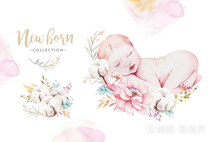 可爱的新生儿水彩画宝宝。新出生的孩子插图女孩, 男孩绘画。婴儿送礼会隔离生日画卡。手工画照片-正版商用图片05teb2-摄图新视界