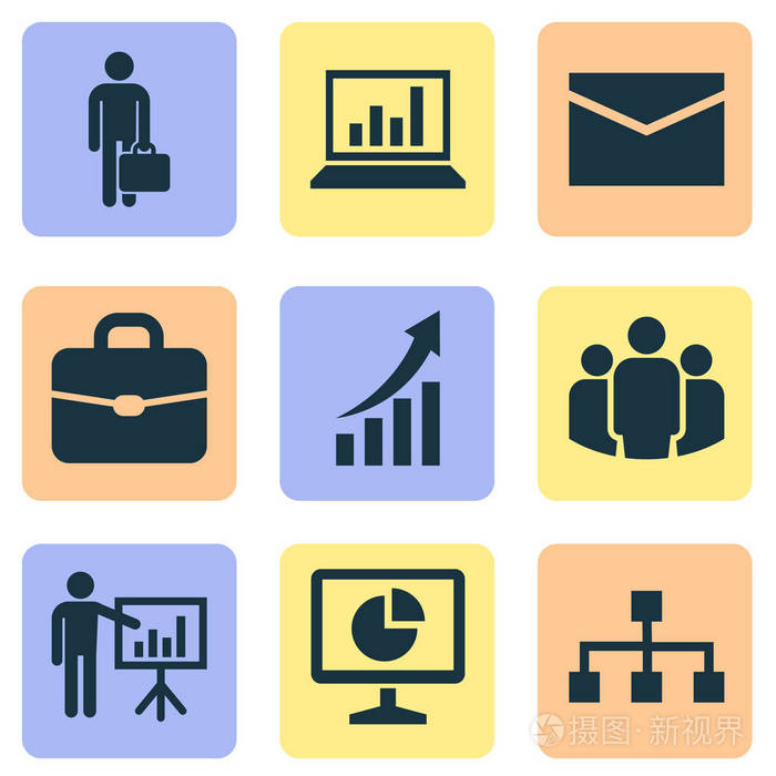 工作图标设置与团队, 商人, 公文包和其他展示的人元素。独立的插图作业图标照片-正版商用图片09fi43-摄图新视界