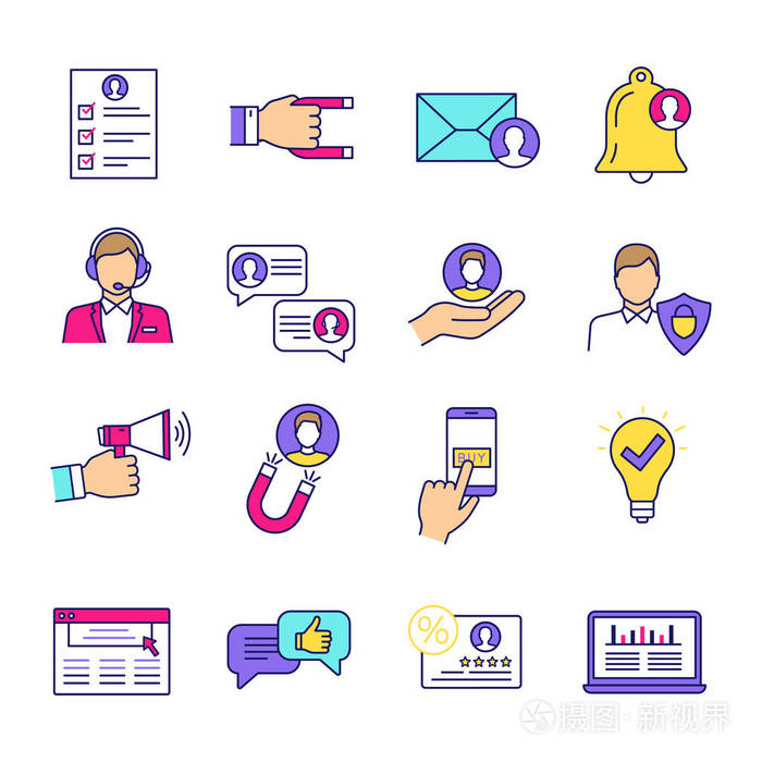 设置客户保留和忠诚度颜色图标。客户关怀服务。吸引客户。增加参与参与和成员。营销策略。隔离的矢量插图插画-正版商用图片0thjlu-摄图新视界