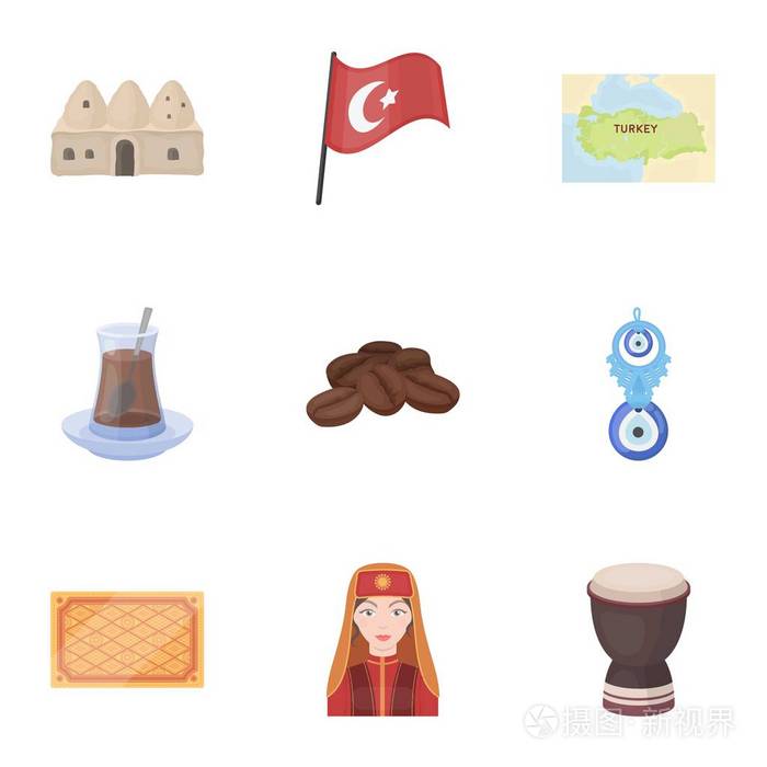 土耳其在卡通风格中设置图标。土耳其矢量符号股票插画的大集合插画-正版商用图片0tj6as-摄图新视界