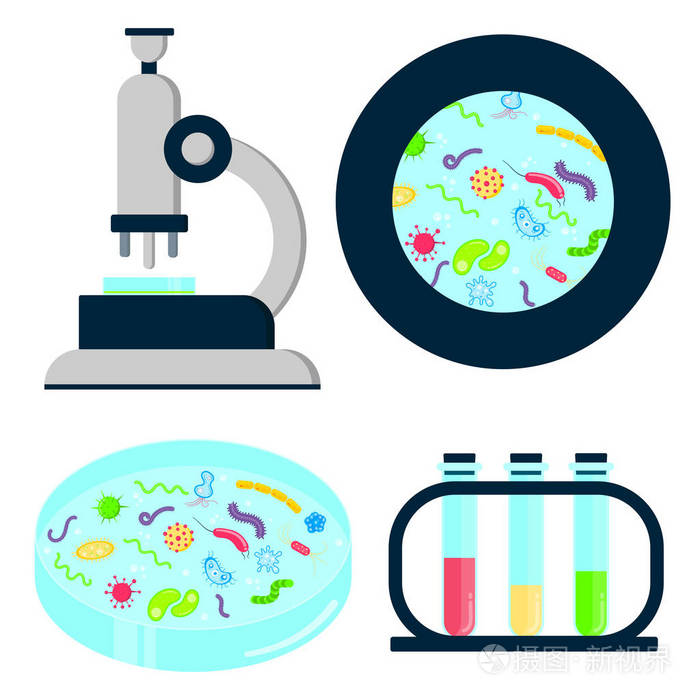 集设备。显微镜, 培养皿, 试管与持有人和放大视图细菌, 细菌, 细菌, 病毒和微生物平面风格卡通设计媒介例证查出插画-正版商用图片 ...