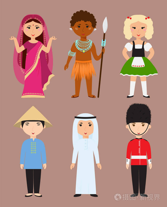 不同化身动漫角色不同国籍的衣服和头发样式人矢量图插画-正版商用图片0zg1sx-摄图新视界