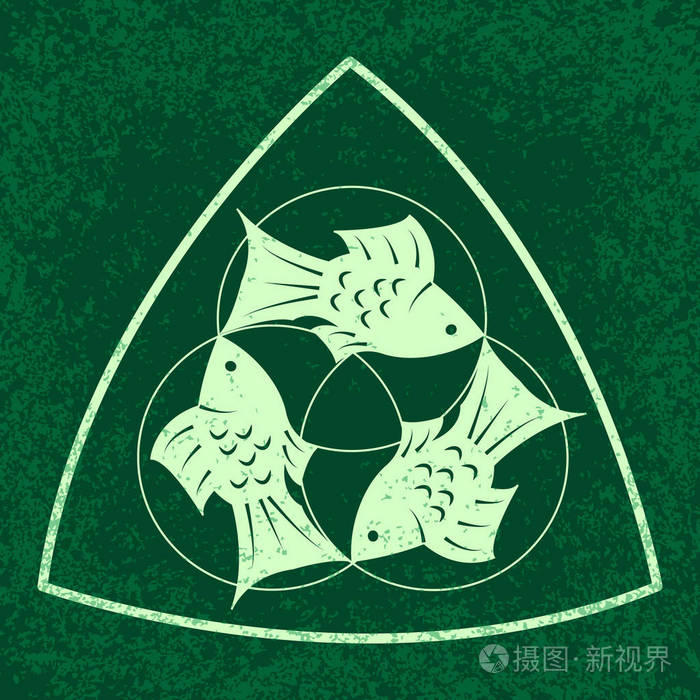 三位一体星期日。基督教节日。三条鱼, 对称地位于。在绿色背景上插画-正版商用图片11vm3a-摄图新视界