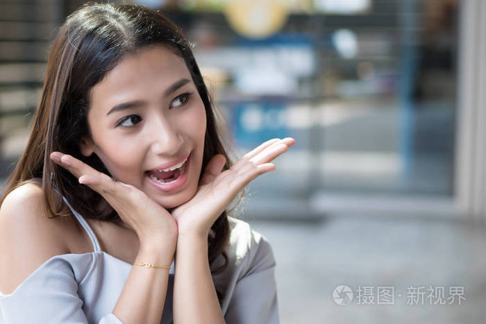 portrait of surprised, excited asian woman with exciting, oh, u照片-正版商用 ...