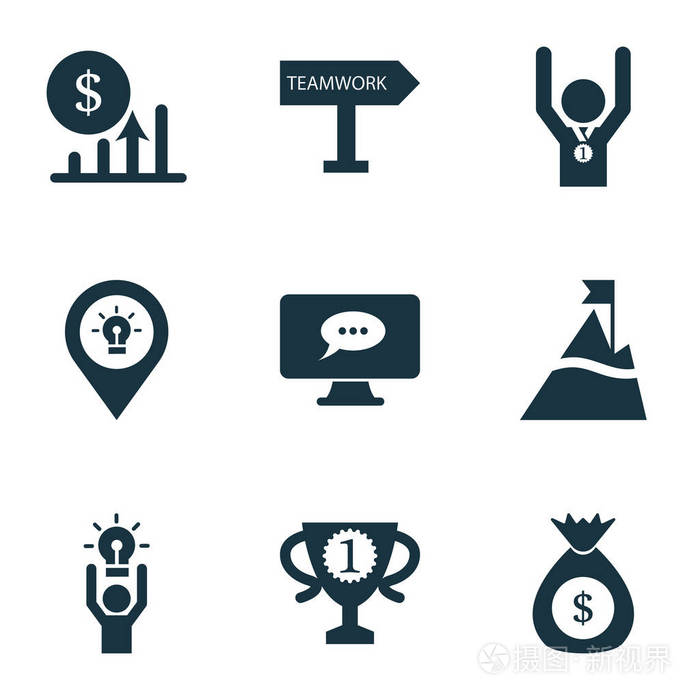 工作图标设置与最佳解决方案, 在线任务聊天, 山与旗帜和其他金融袋元素。独立矢量插图工作图标插画-正版商用图片12qm71-摄图新视界