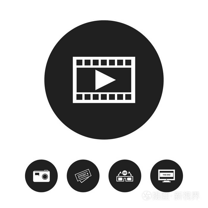 设置5个可编辑的影院图标。包括发射广播3d 视觉影片结尾等符号。可用于 web移动Ui 和图表设计插画-正版商用图片133j8y-摄图新视界