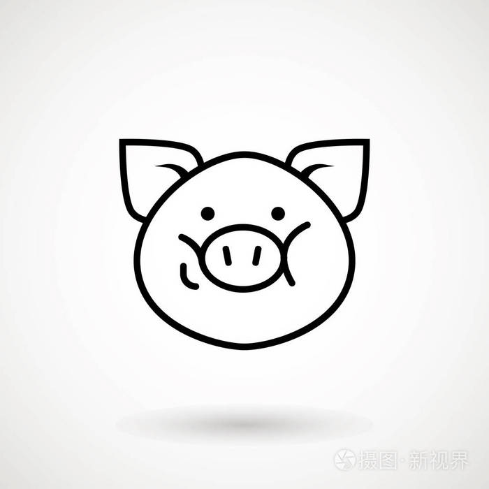 猪线图标。 标志小猪脸与微笑的轮廓风格。 卡通猪头图标微笑。 中国新年2019生肖。 中国传统设计装饰图示插画-正版商用图片167n02-摄图新视界