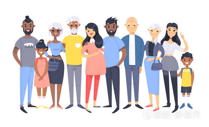 一组不同的夫妇和家庭。 卡通风格的不同种族的人非裔美国人和亚洲人年龄年轻人和老年人与婴儿女孩孕妇插画-正版商用图片17targ-摄图新视界