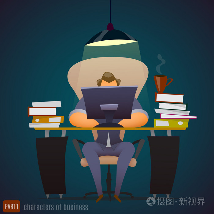 商人很晚在办公室努力工作插画-正版商用图片1o6po3-摄图新视界