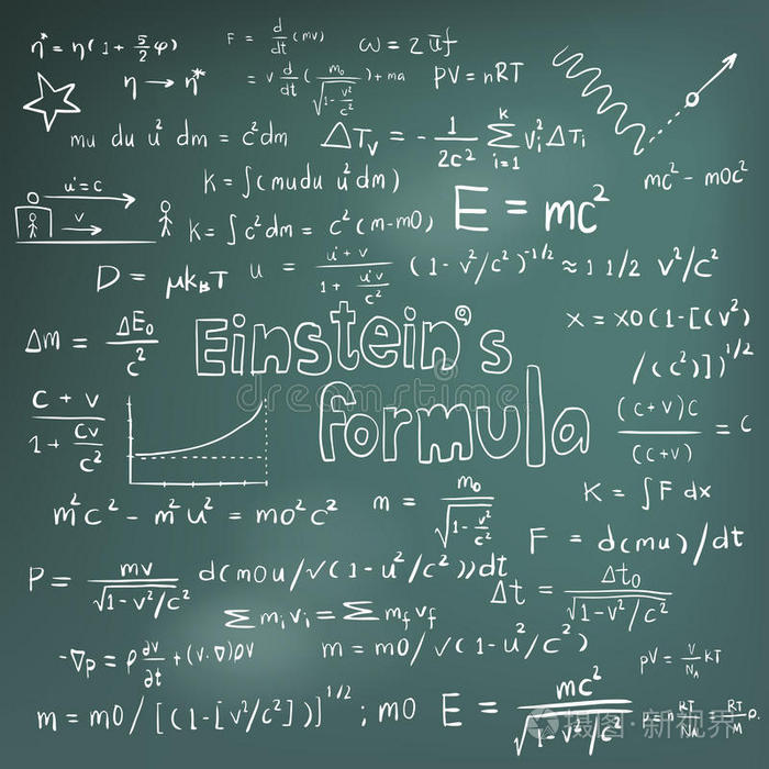 阿尔伯特爱因斯坦定律理论和物理数学公式方程，涂鸦笔迹图标在黑板背景下使用插画-正版商用图片1tbdsm-摄图新视界