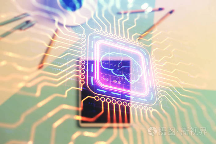 数字平板电脑双曝光人脑绘图，桌面背景。数据分析概念照片-正版商用图片2nf896-摄图新视界