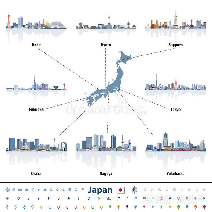 日本人地图和大的黑色亮漆城市轮廓线.航行,location位置插画-正版商用图片3ag56g-摄图新视界